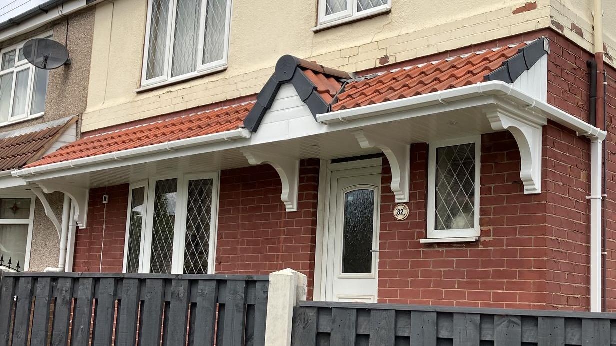 6.9m Apex Door Canopy Installation with Red Tiles and White Gutter ...